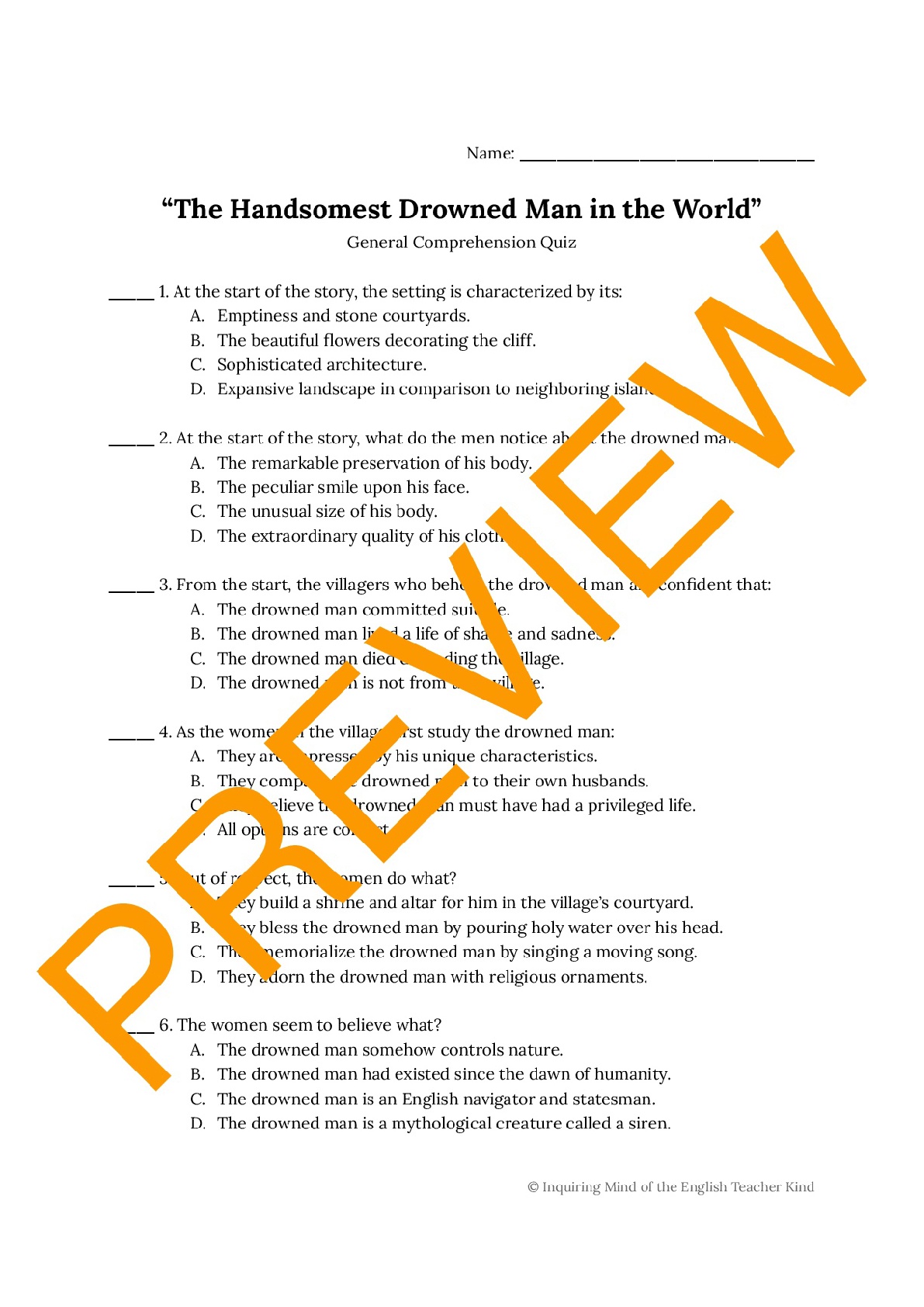 "The Handsomest Drowned Man in the World" Quiz | Teaching Resources