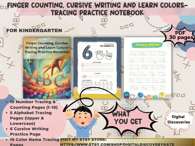 Finger Tracing, Cursive Writing and Learning Colors Worksheets for ...