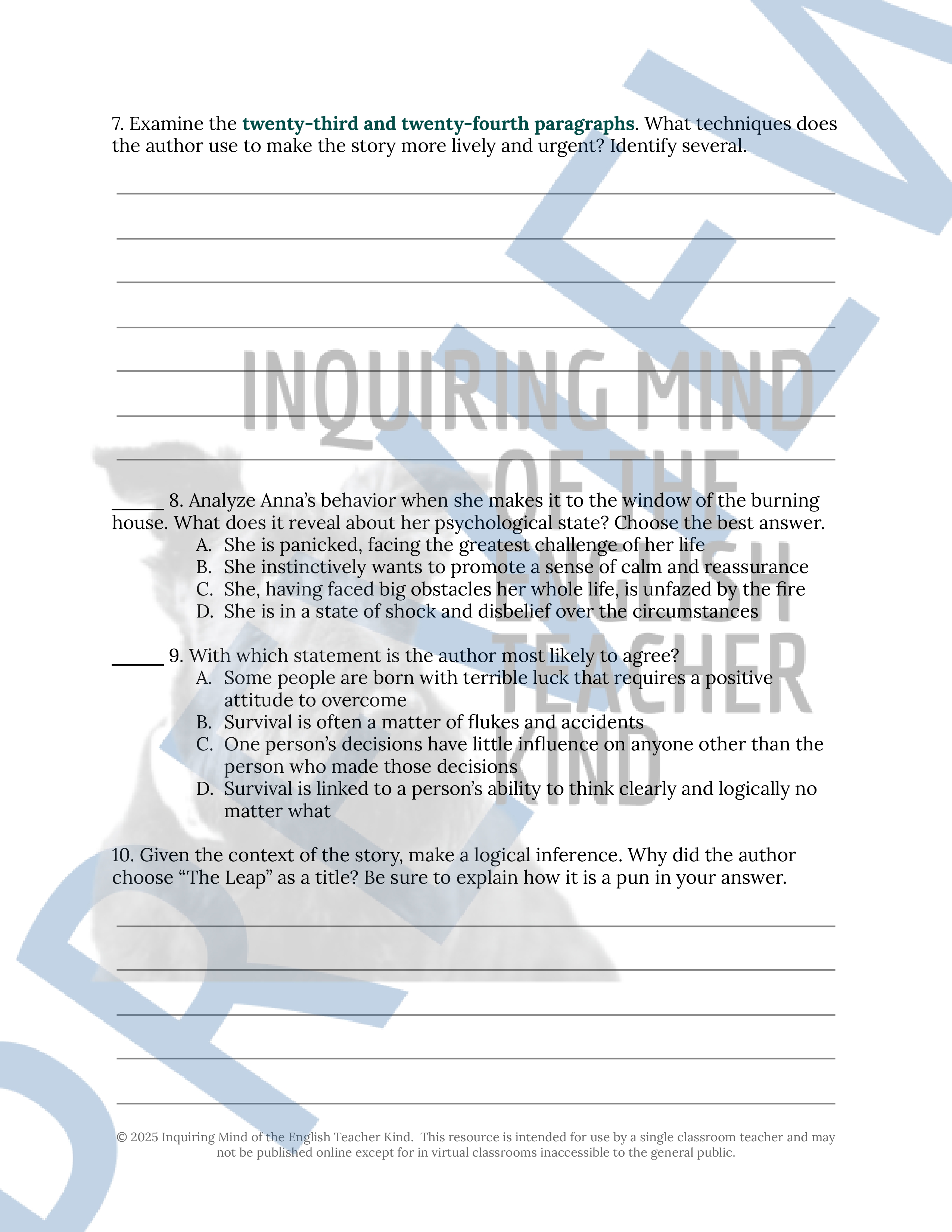 "The Leap" by Louise Erdrich Close Reading Analysis Worksheet (Short ...