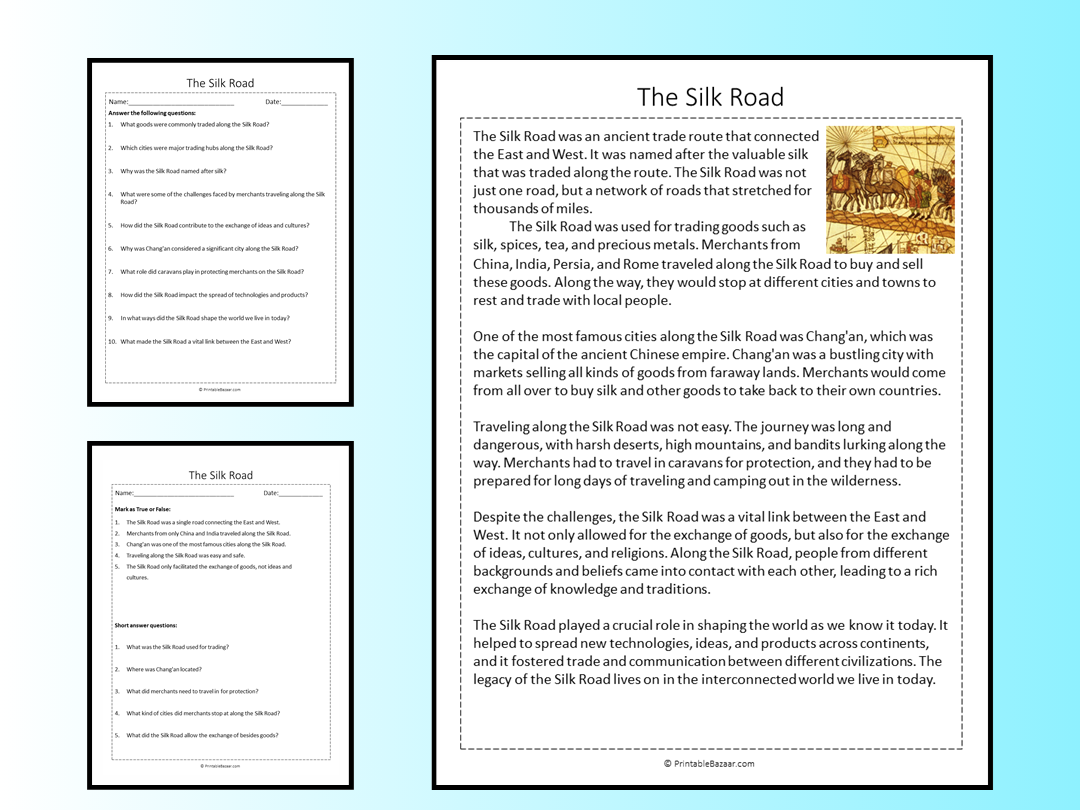 The Silk Road Reading Comprehension Passage Printable Worksheet ...