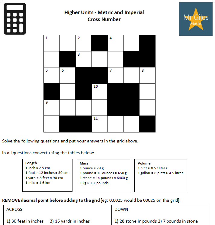 Higher Units - Metric and Imperial Conversions Cross Number | Teaching ...