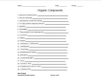 "Organic Compounds" Word Scramble for Physical Science | Teaching Resources