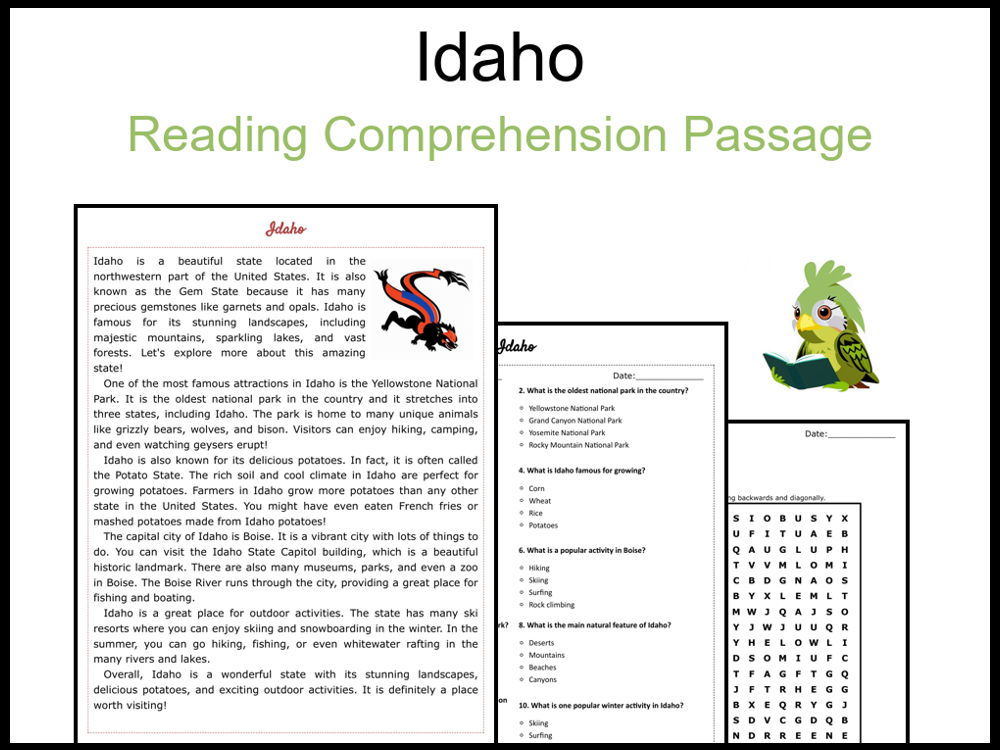Idaho Reading Comprehension and Word Search | Teaching Resources
