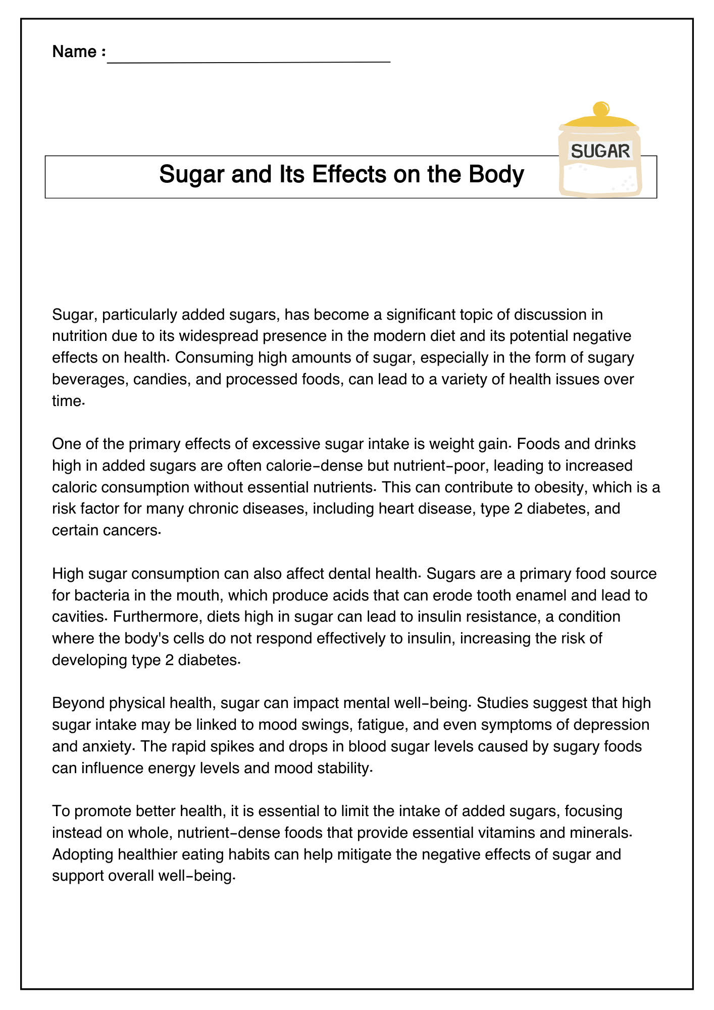 Sugar and Its Effects on the Body Reading Comprehension Passages ...