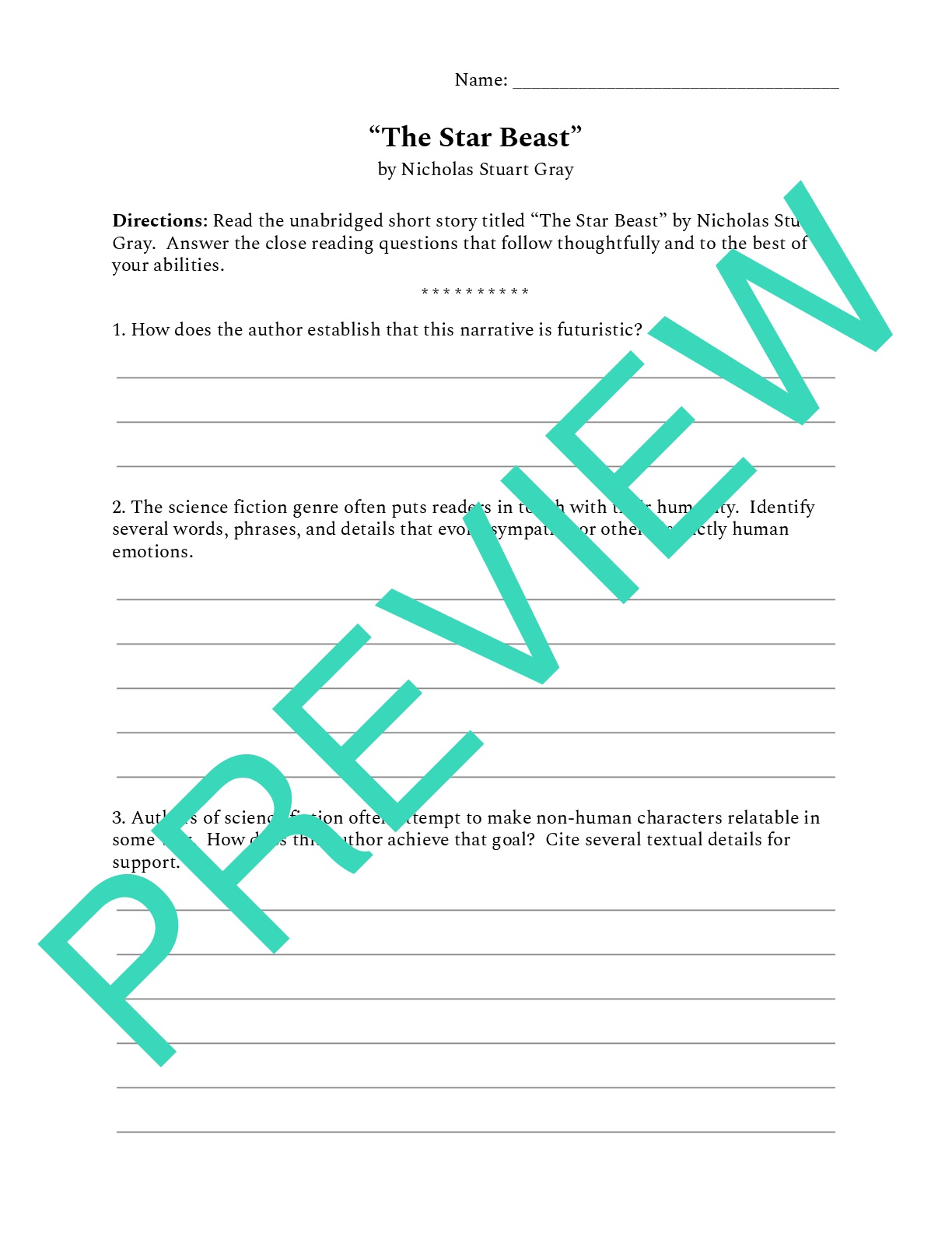 "The Star Beast" by Nicholas Stuart Gray Close Reading | Teaching Resources