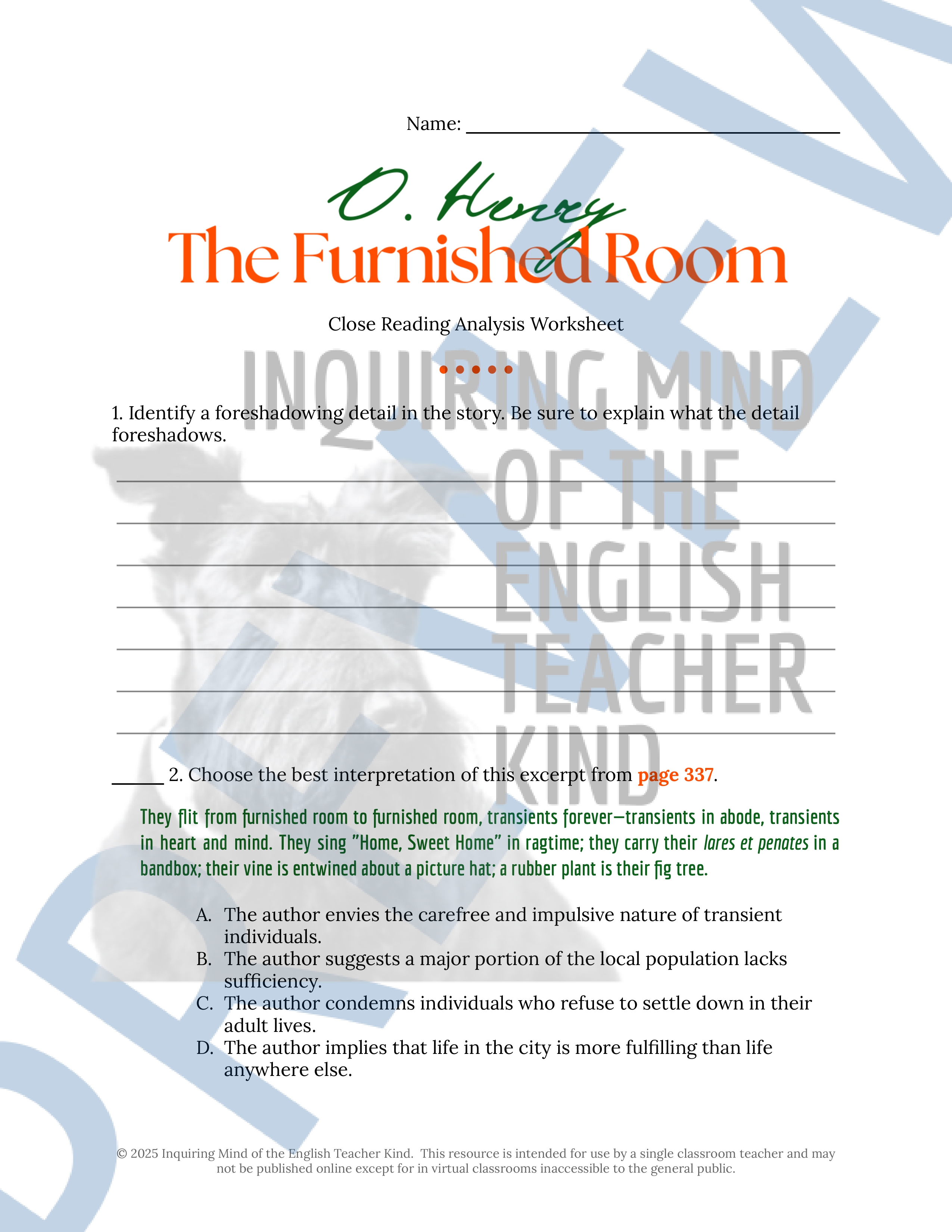 "The Furnished Room" by O. Henry Close Reading Analysis Worksheet and ...