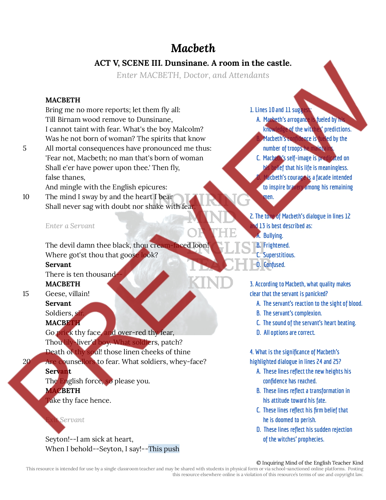 Macbeth Act 5 Scene 3 Close Reading Worksheet | Teaching Resources