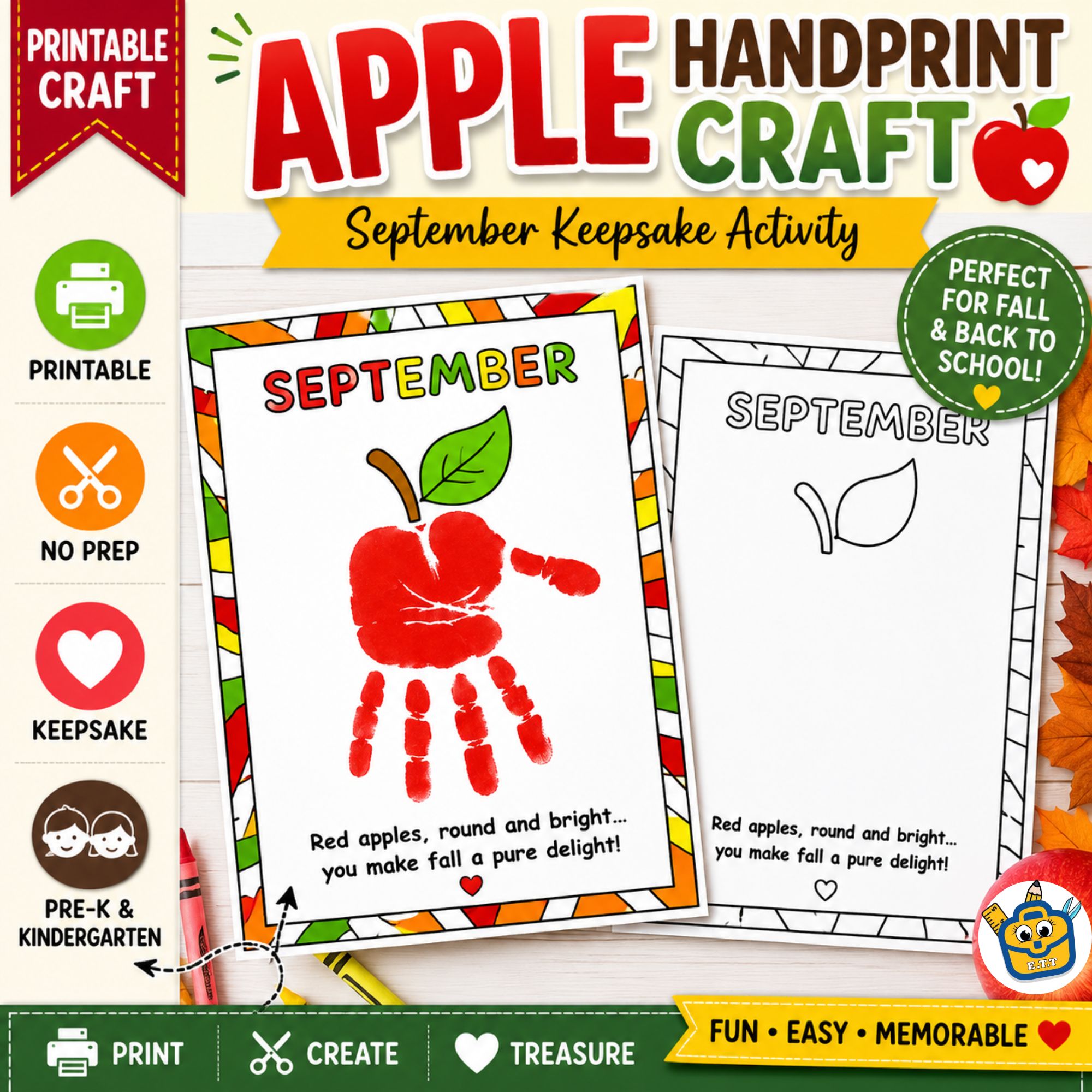 September Apple Handprint Craft|Fall Keepsake Printable for Pre-K ...