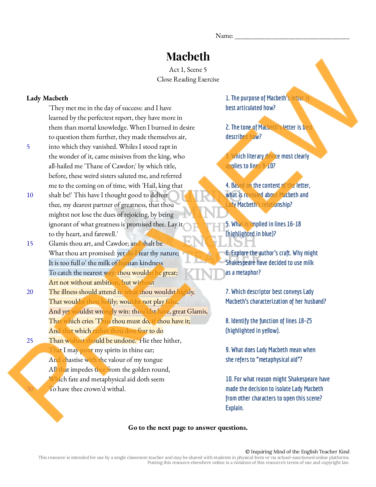 Macbeth Act 1 Scene 5 Close Reading Worksheet | Teaching Resources