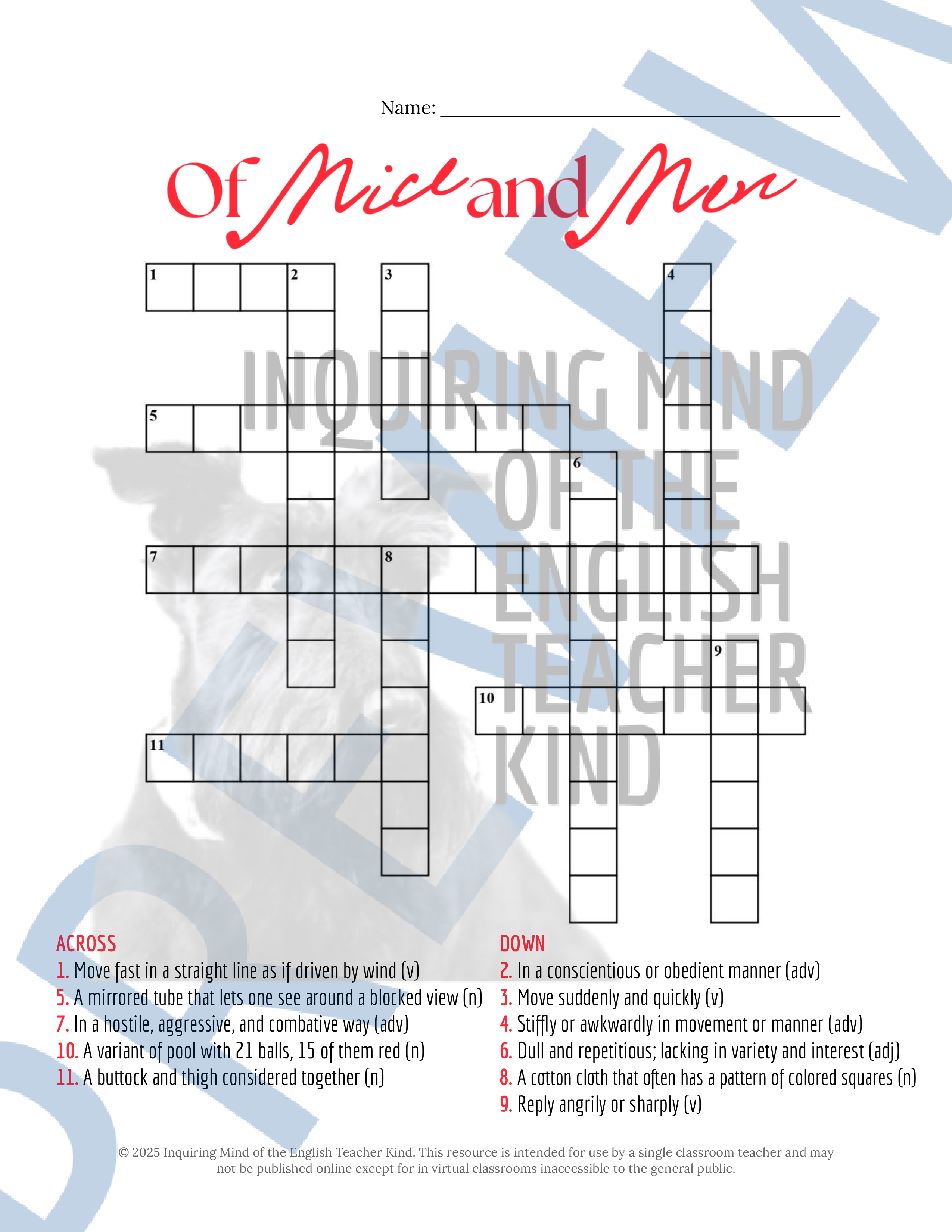Of Mice and Men Chapter 6 Vocabulary Activities | Crossword Puzzle ...
