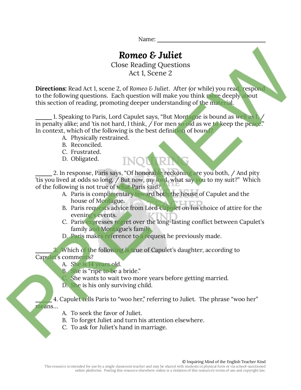Romeo and Juliet Act 1 Scene 2 Close Reading Worksheet | Teaching Resources
