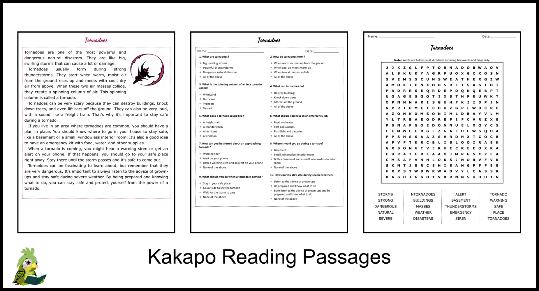 Tornadoes Reading Comprehension and Word Search | Teaching Resources