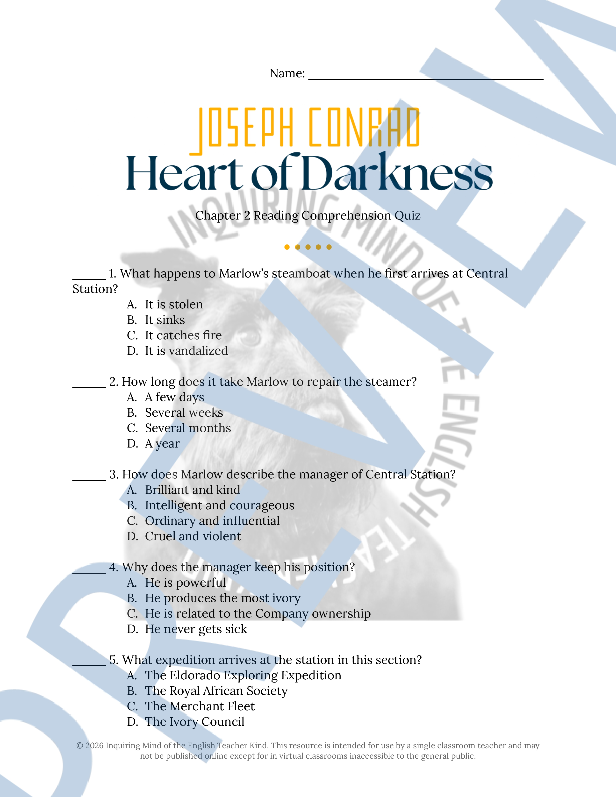Heart of Darkness Chapter 2 Quiz and Answer Key | Reading Comprehension ...
