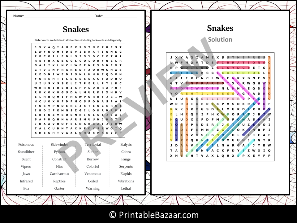 Snakes Word Search Puzzle Worksheet Activity | Teaching Resources