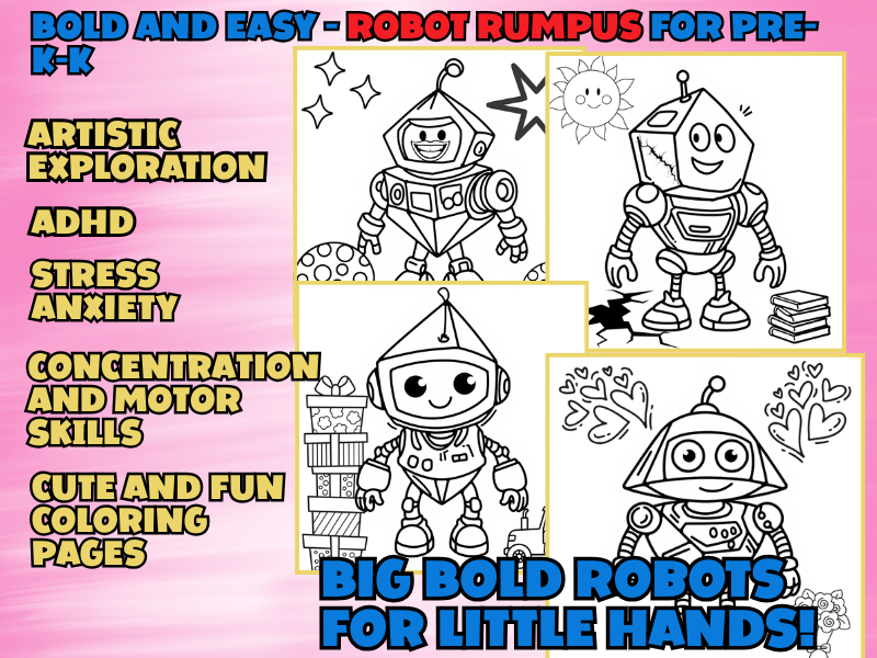 Bold and Easy Robot Coloring Book for PreK–K, Fine Motor and Focus ...
