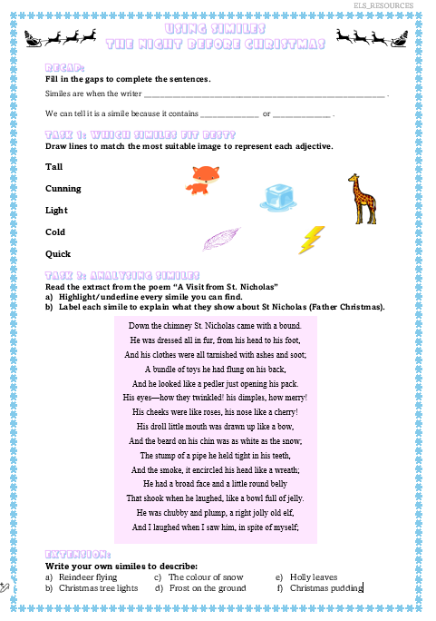 English - Using Similes - Christmas Worksheet | Teaching Resources