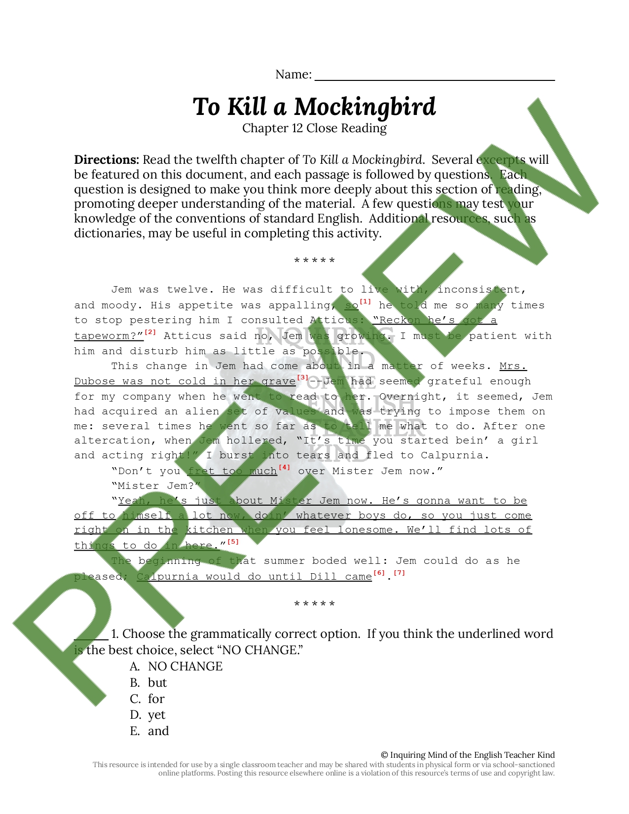 To Kill a Mockingbird Chapter 12 Close Reading Worksheet | Teaching ...