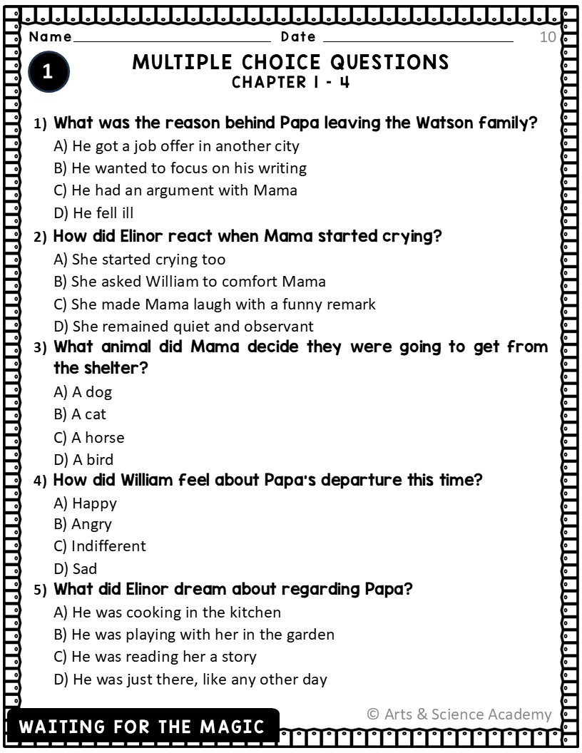 WAITING FOR THE MAGIC Novel Study Comprehension, Critical Thinking ...