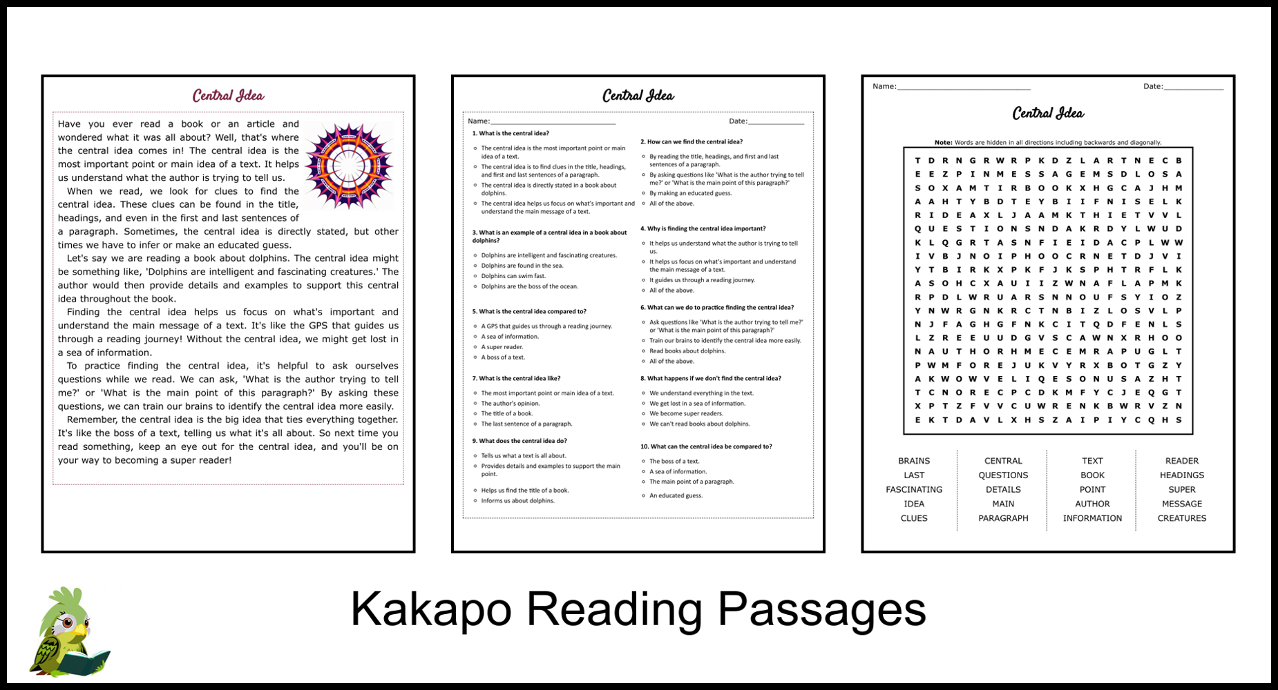 Central Idea Reading Comprehension and Word Search | Teaching Resources