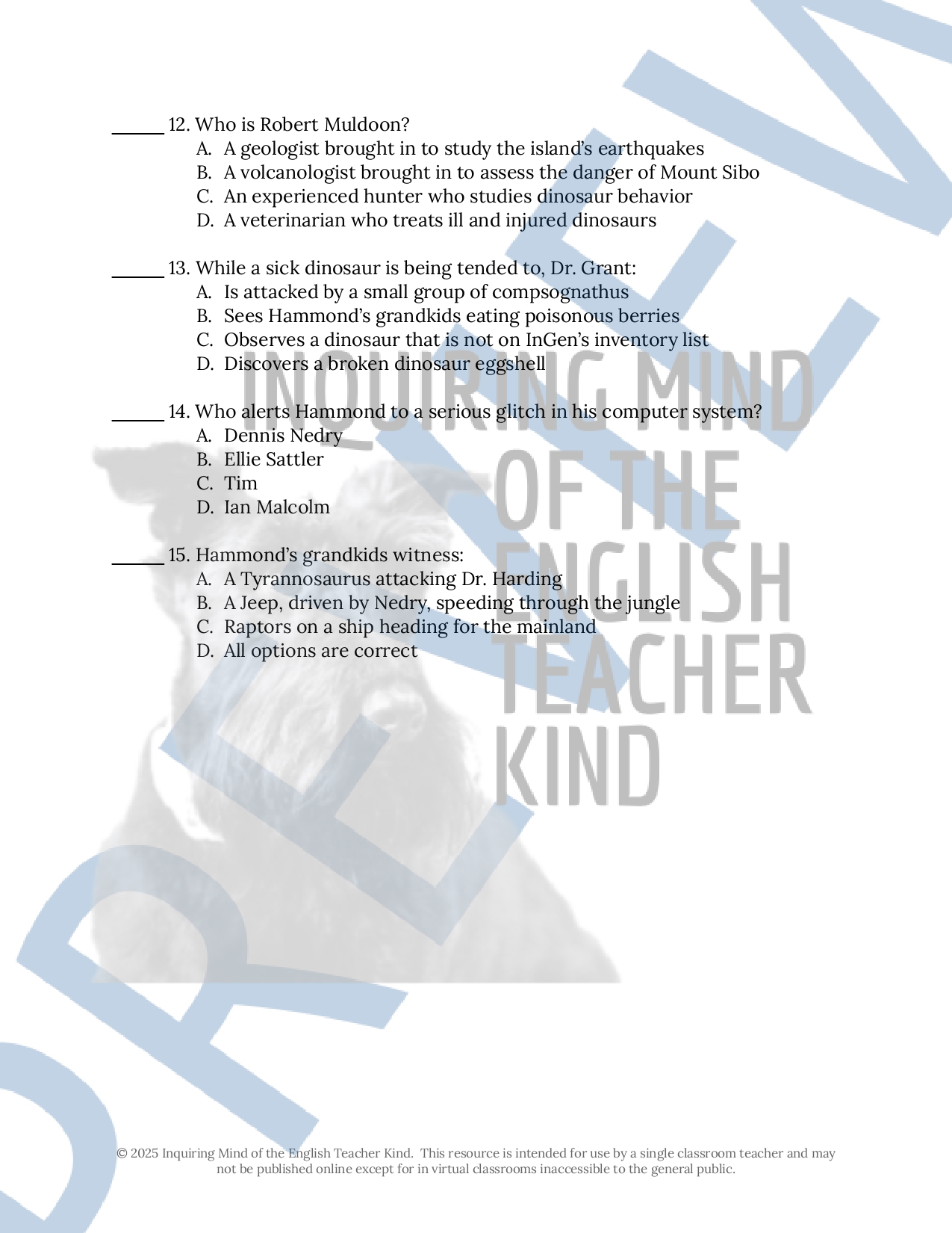 Jurassic Park by Michael Crichton Third Iteration Quiz and Answer Key ...