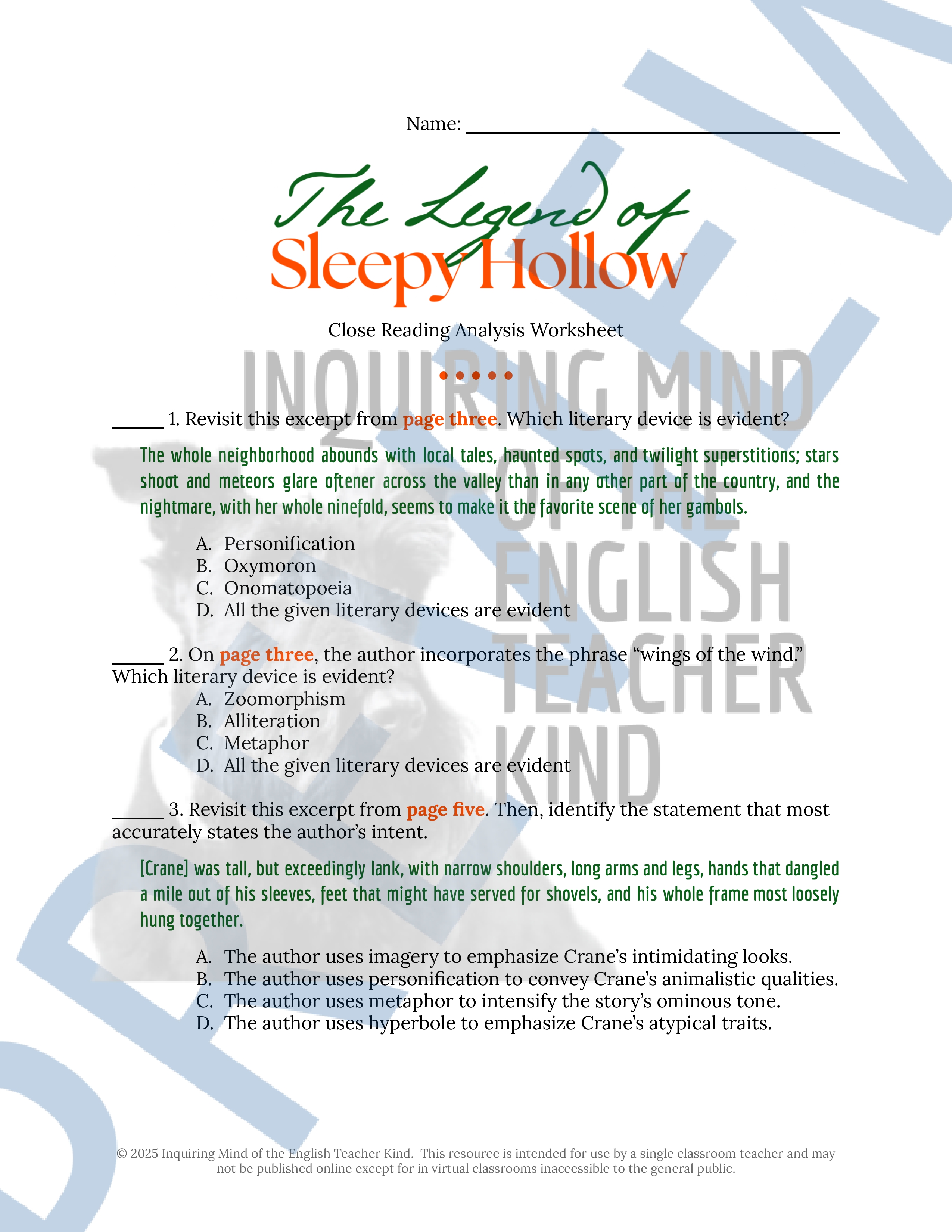 "The Legend of Sleepy Hollow" by Washington Irving Close Reading ...