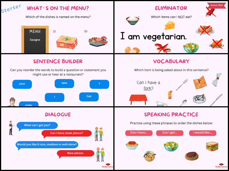 Ordering Food in a Restaurant- TEFL/ ESL English A1 Lesson + Activities ...