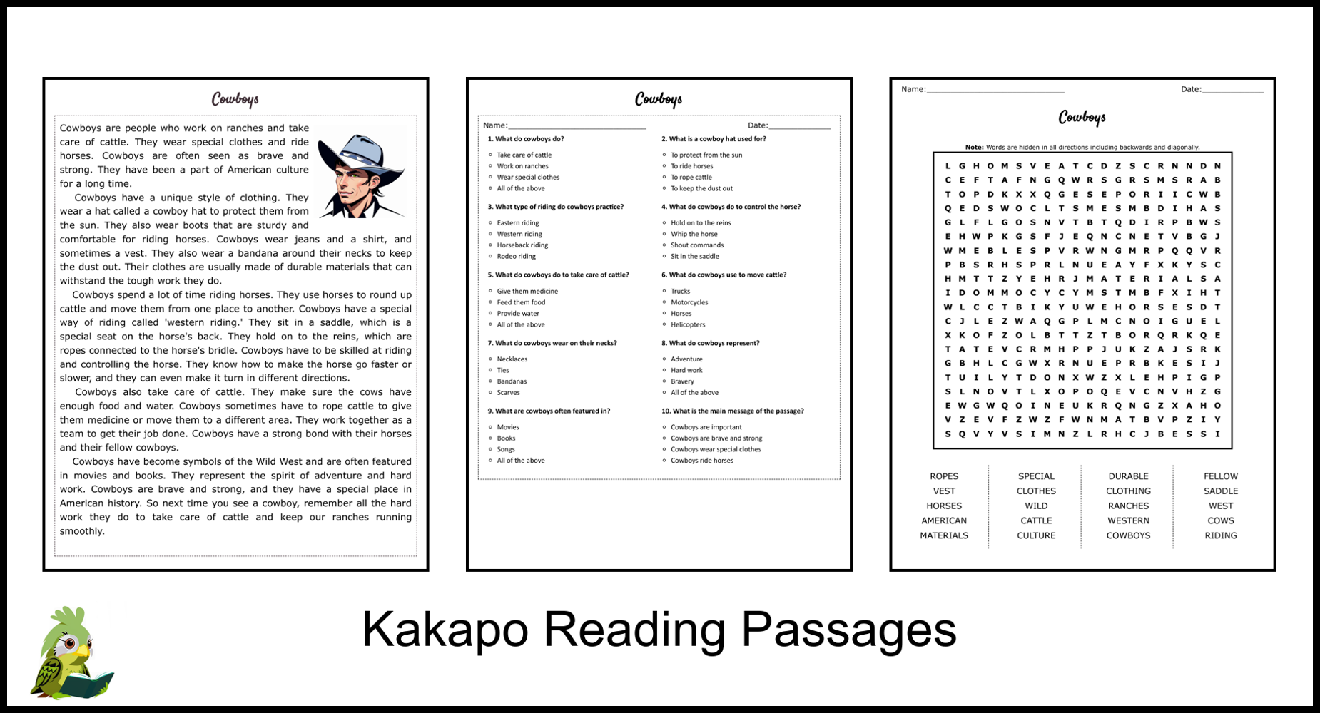 Cowboys Reading Comprehension and Word Search | Teaching Resources