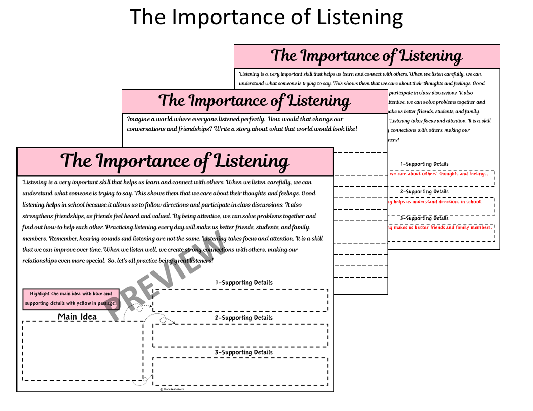 The Importance of Listening | Main Idea and Supporting Details Reading ...