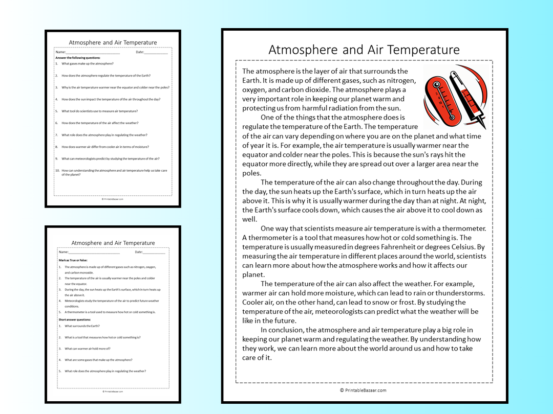 Atmosphere and Air Temperature Reading Comprehension Passage Printable ...