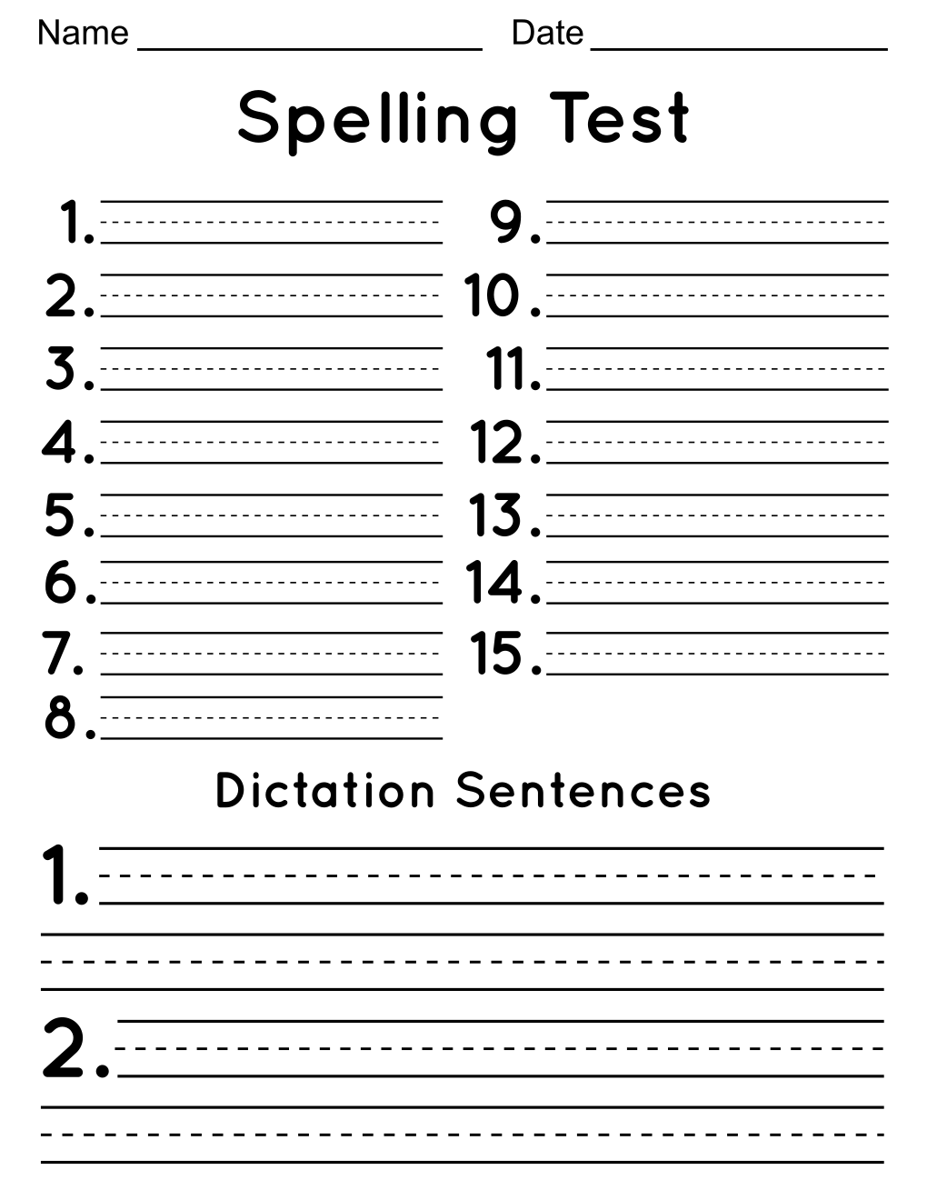 Spelling Test Template with 15 Words & Dictation Sentences ...