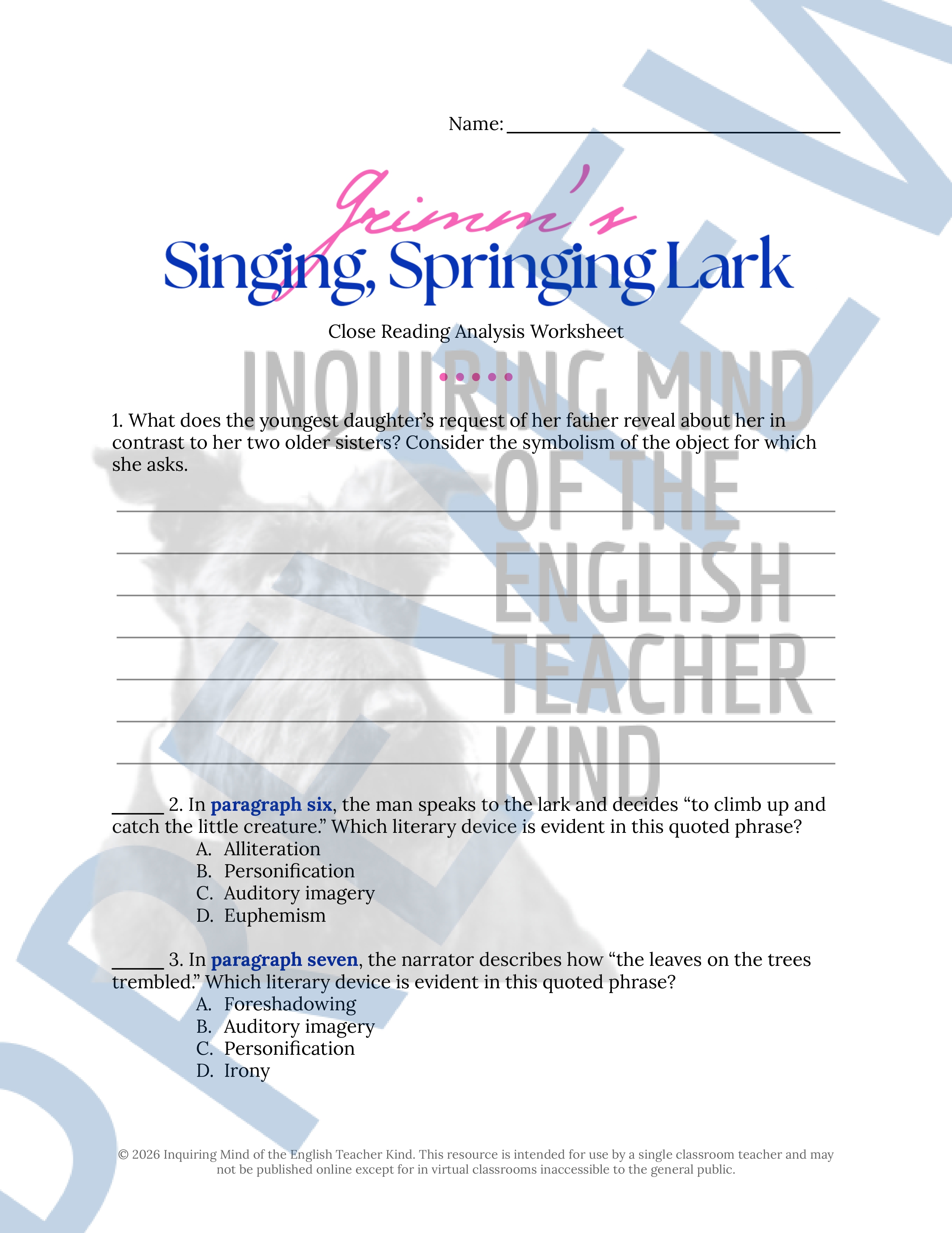 "The Singing, Springing Lark" Close Reading Analysis Worksheet | Grimm ...