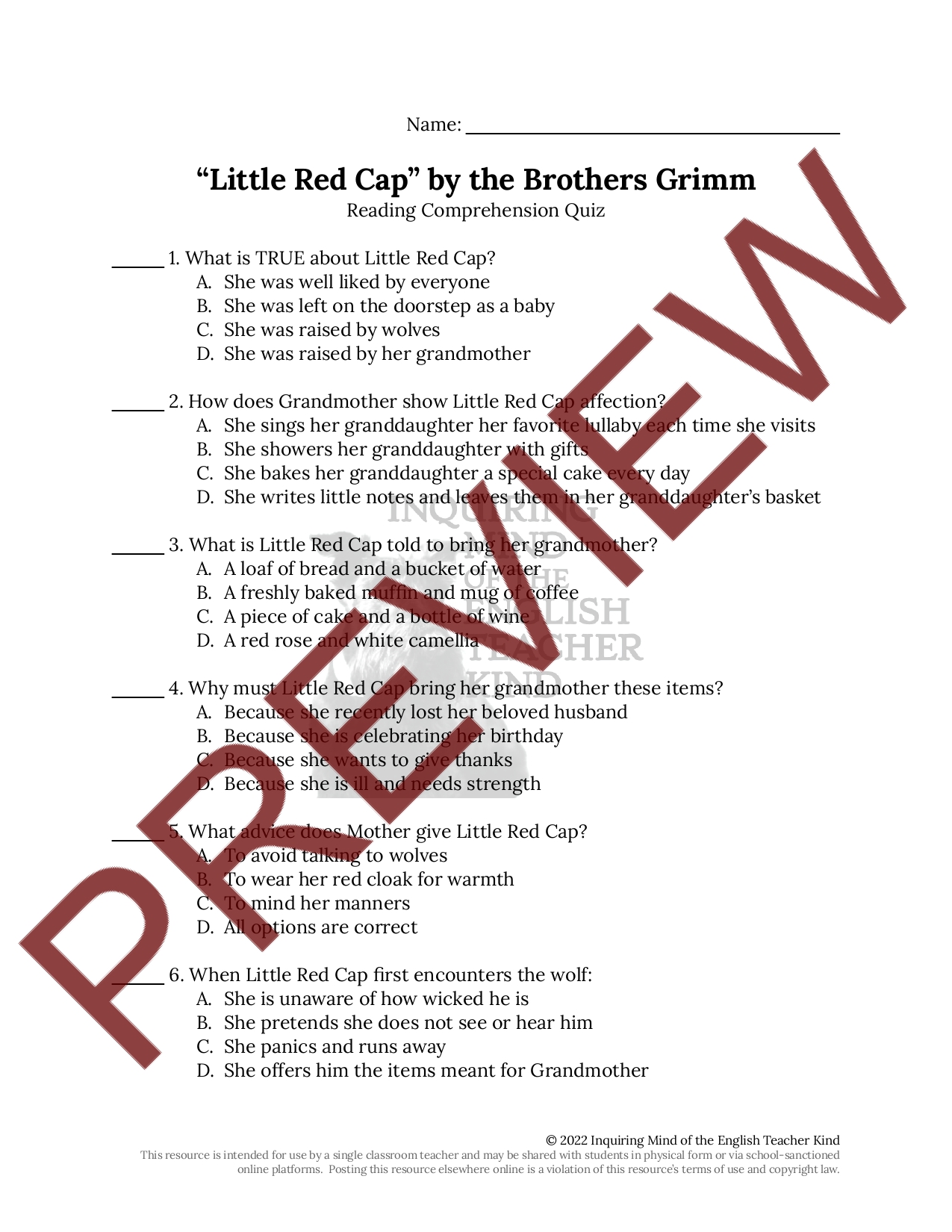 “Little Red Riding Hood” by the Brothers Grimm Quiz and Answer Key ...