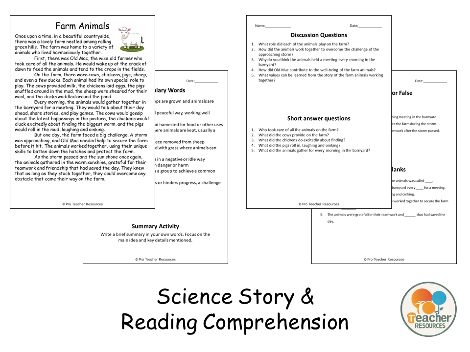 Farm Animals Reading Science Story Comprehension Questions Worksheet ...