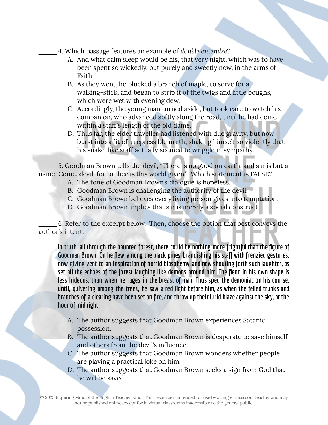"Young Goodman Brown" by Nathaniel Hawthorne Close Reading Worksheet ...