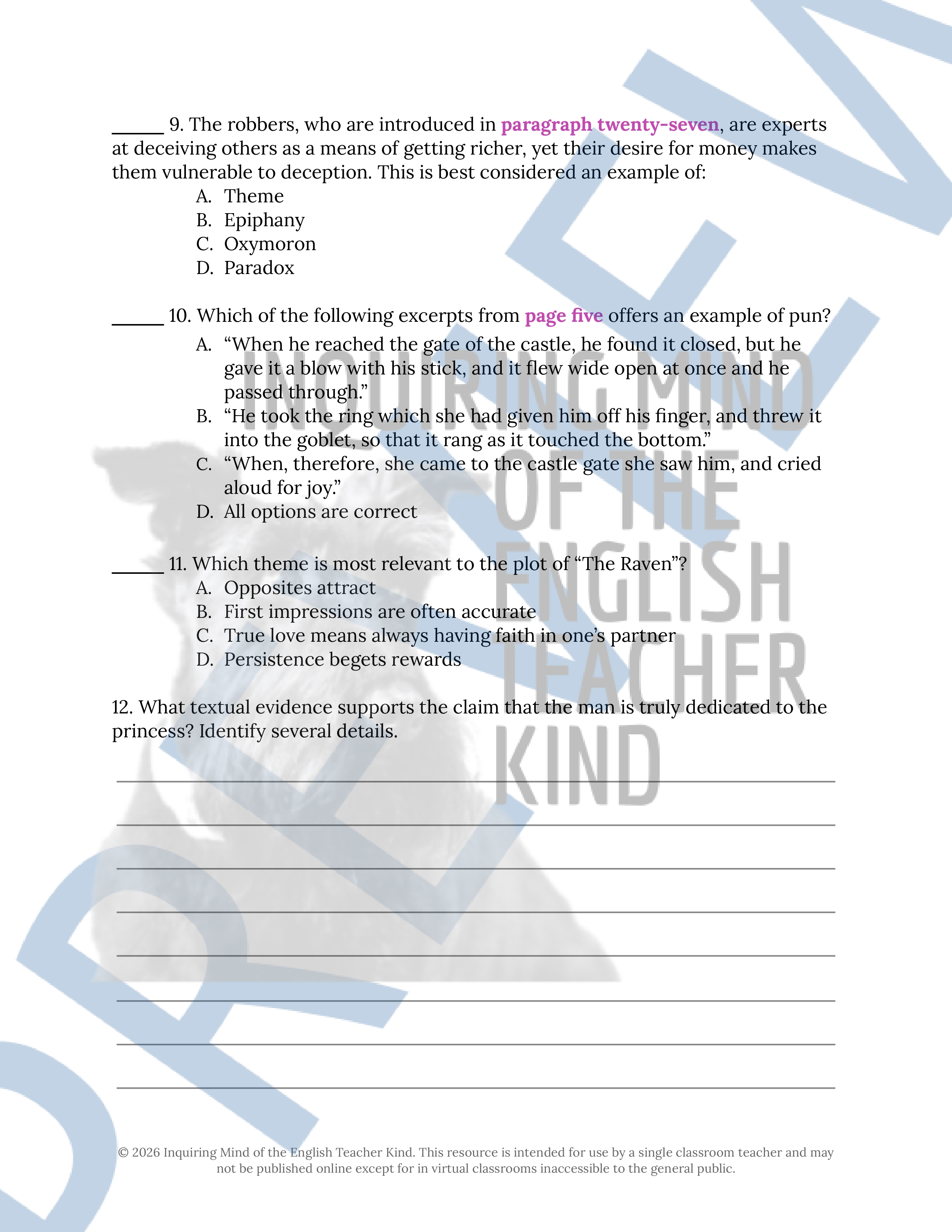 "The Raven" Close Reading Analysis Worksheet | Grimm's Fairy Tale ...