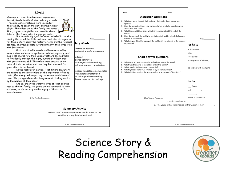 Owls Reading Science Story Comprehension Questions Worksheet | Teaching ...