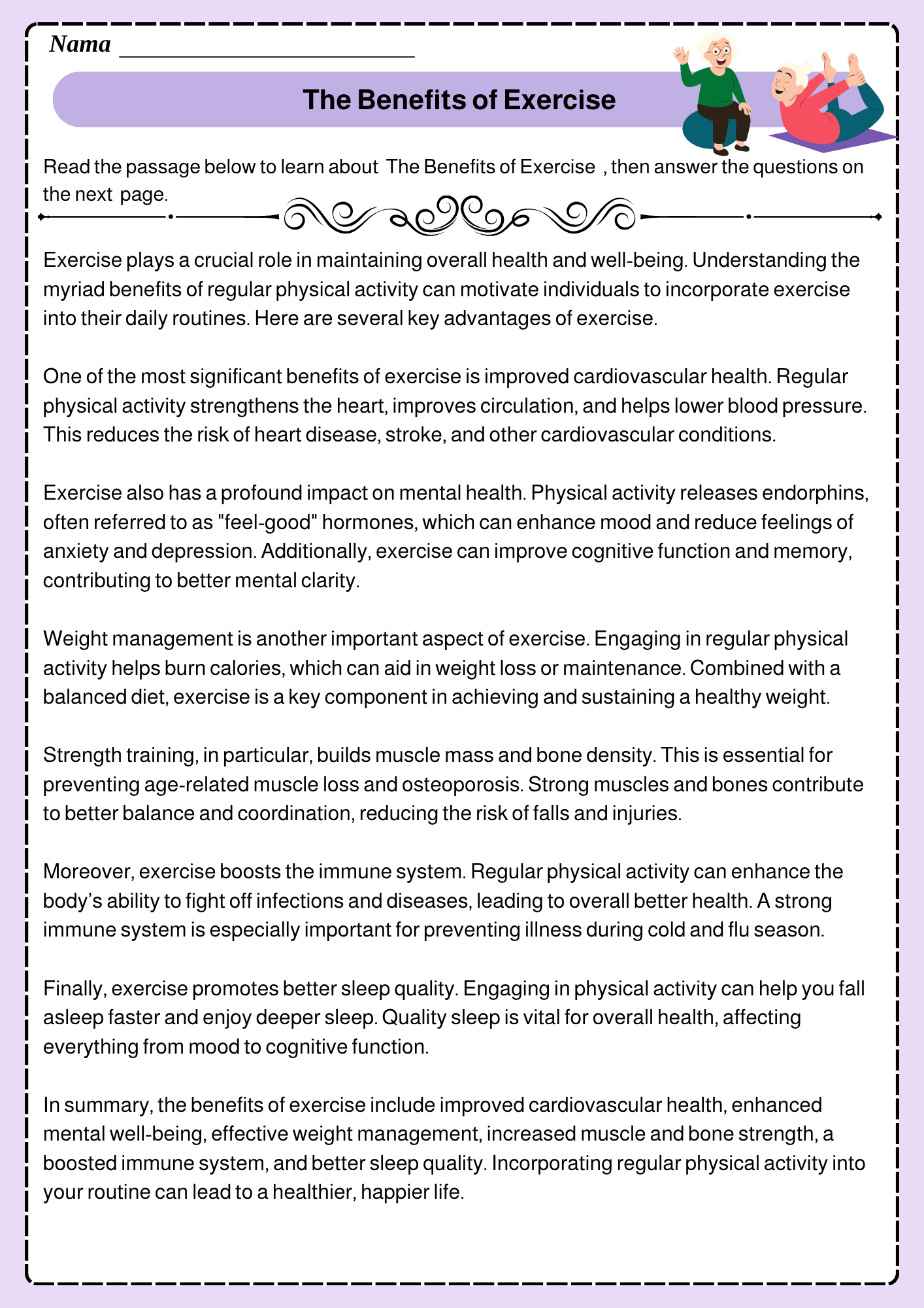The Benefits of Exercise Reading Comprehension Passages & Questions ...