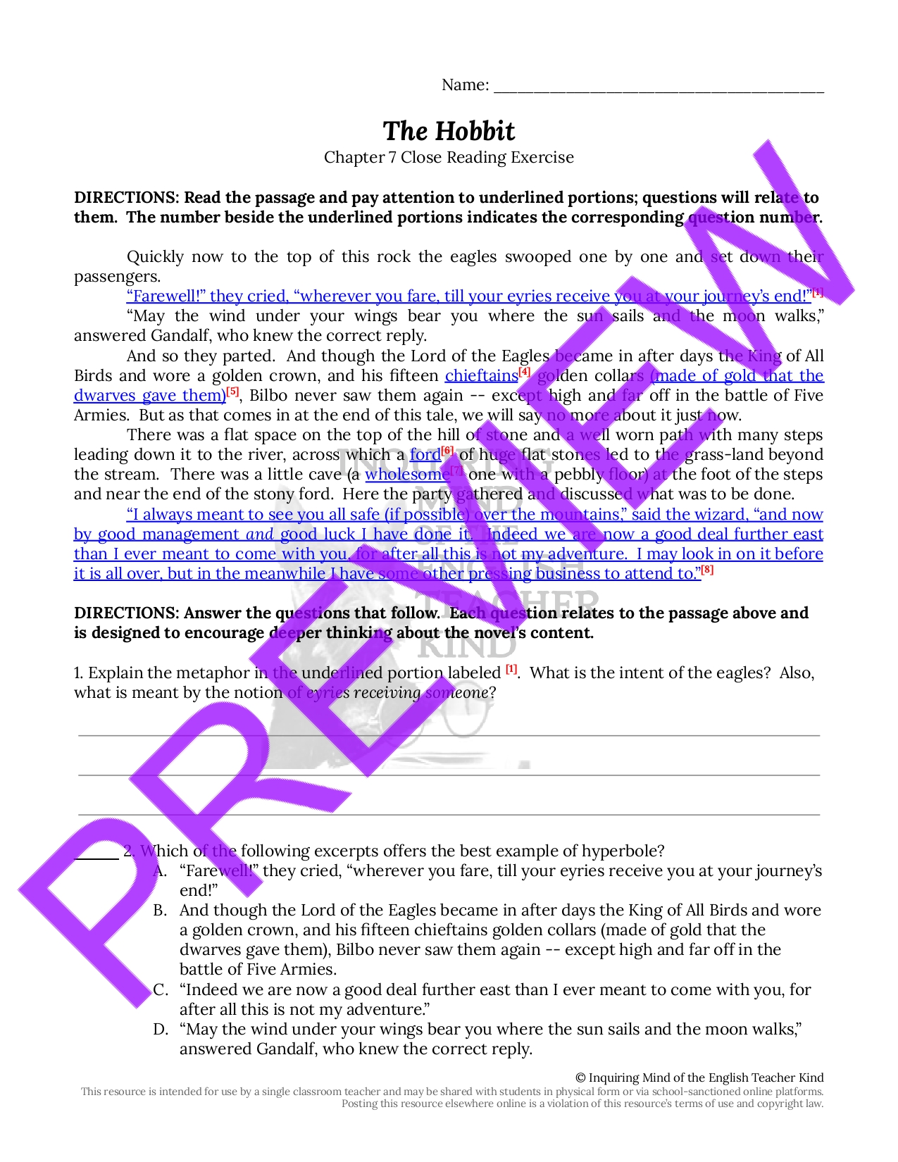 The Hobbit Close Reading Worksheet - Chapter 7 | Teaching Resources