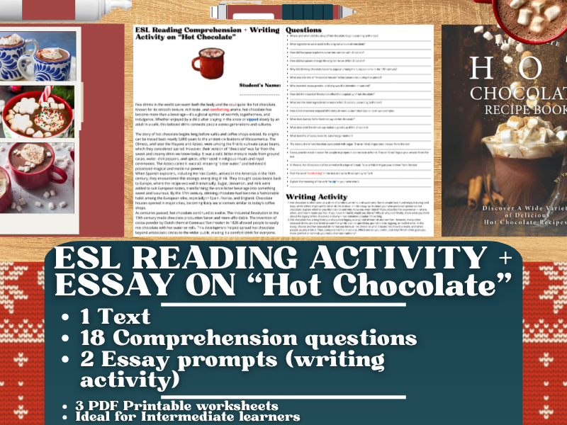 ESL Reading Comprehension + Writing Activity Worksheets - Hot Chocolate ...
