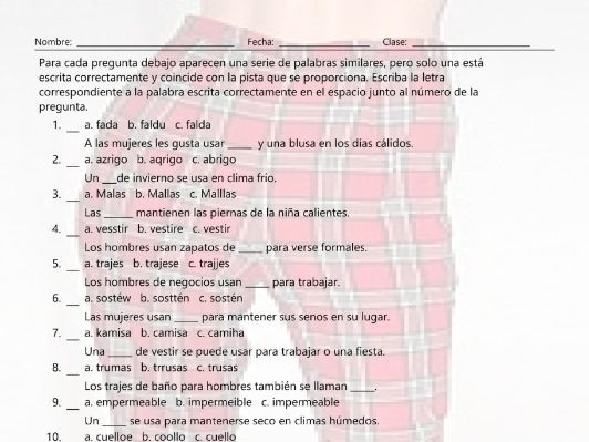 Clothing Items Spelling Challenge Spanish Worksheet | Teaching Resources