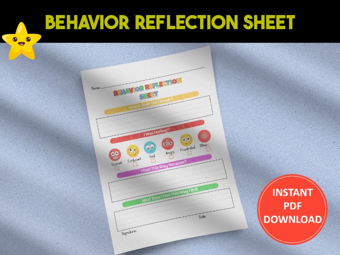 Behavior Reflection Sheet | Elementary School Emotional Regulation ...