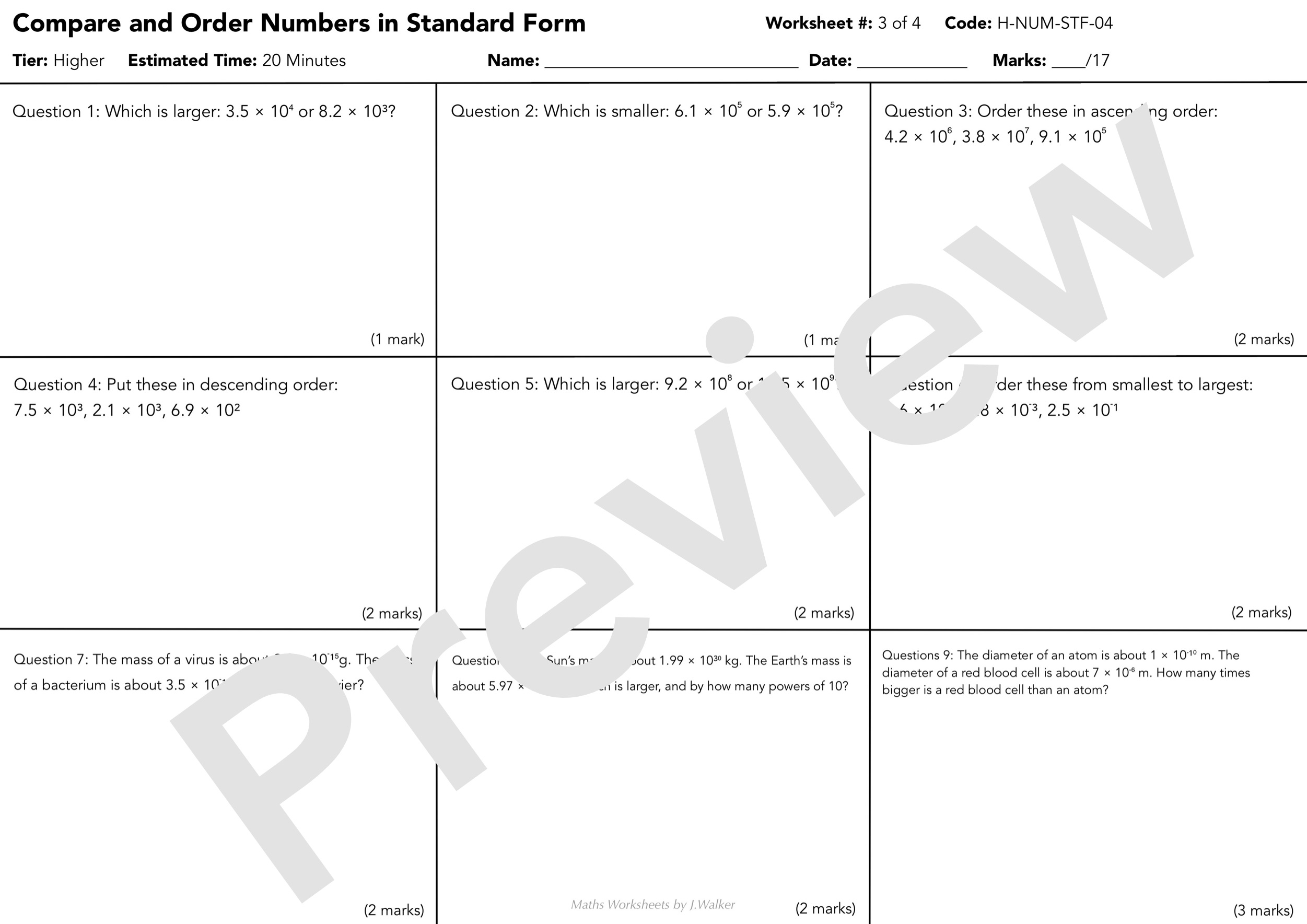 GCSE Maths Worksheet: Compare and Order Numbers in Standard Form ...
