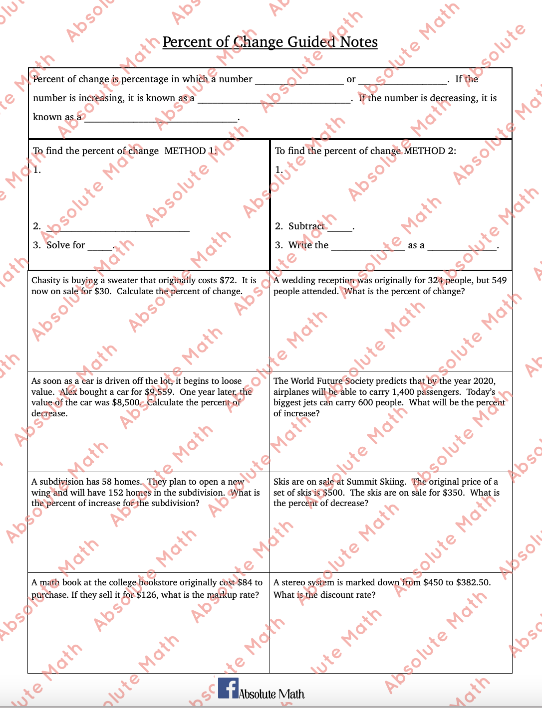 Percent of Change Guided Notes | Teaching Resources