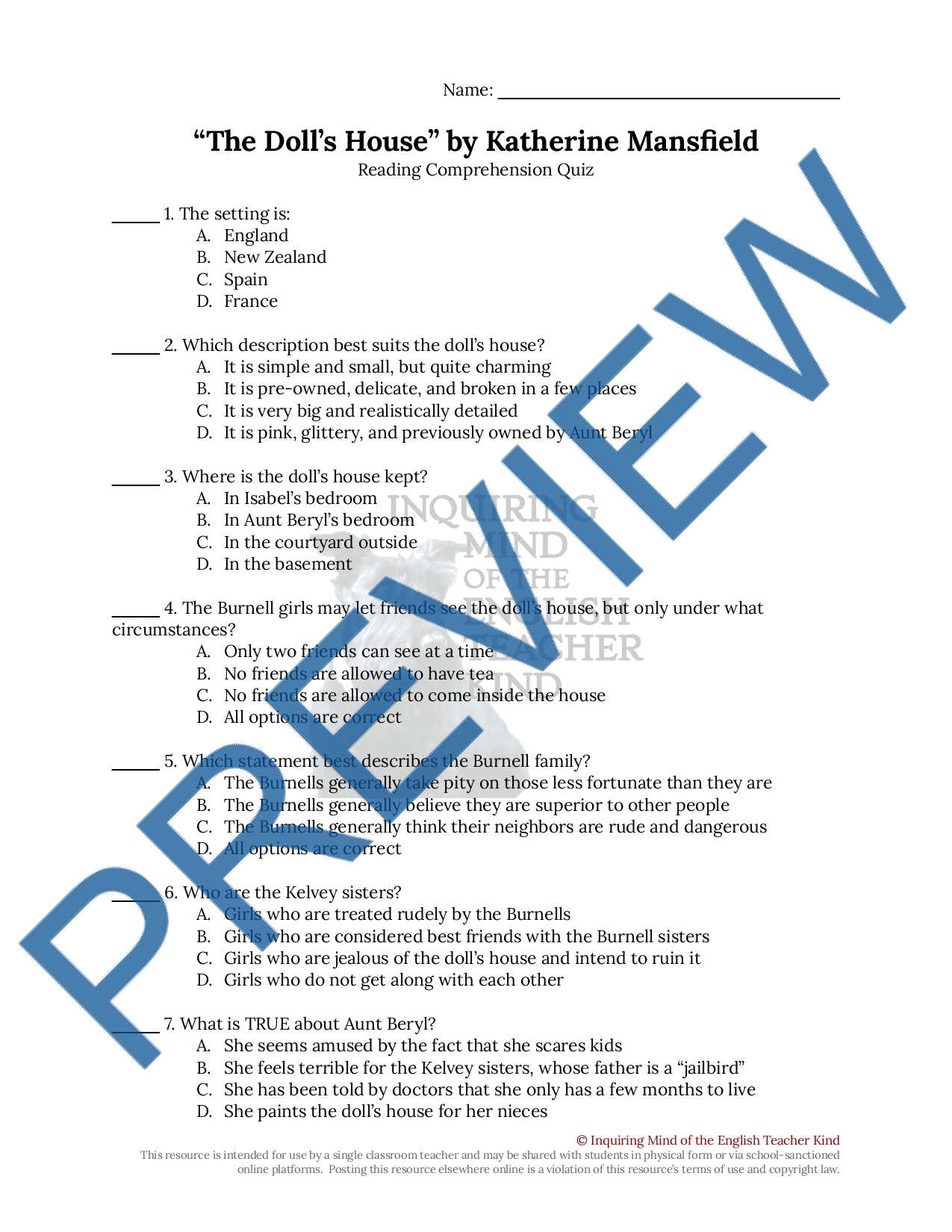 "The Doll's House" by Katherine Mansfield Quiz and Answer Key ...