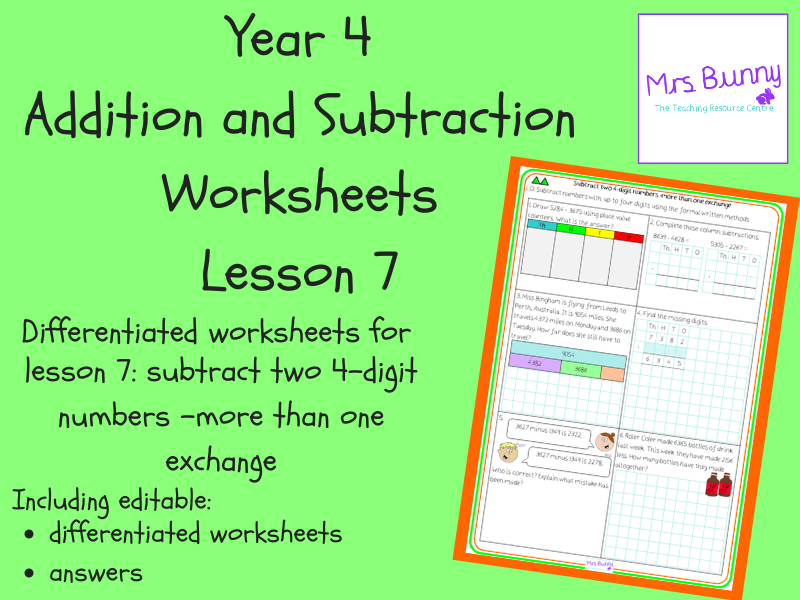 Subtract Two 4 digit Numbers More Than One Exchange Worksheets Year 