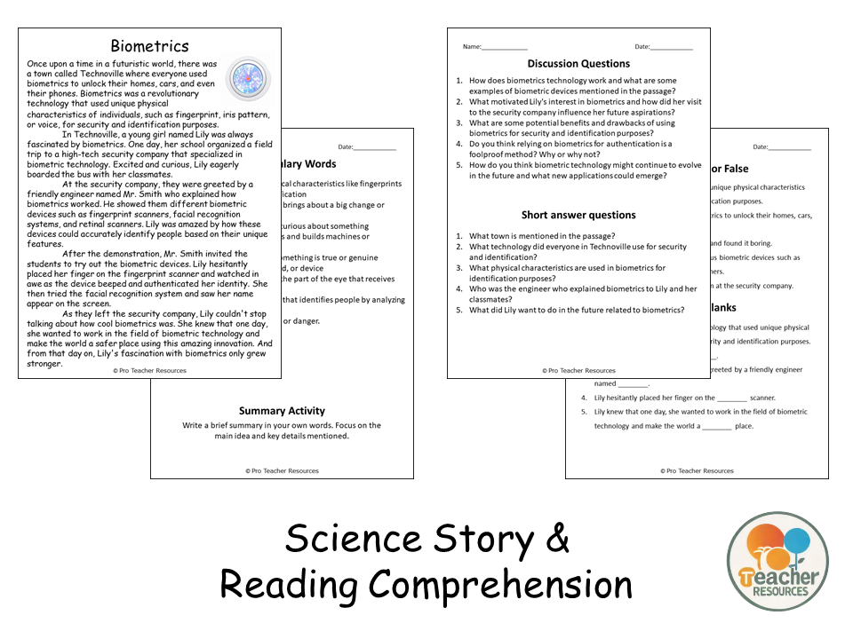 Biometrics Reading Science Story Comprehension Questions Worksheet ...