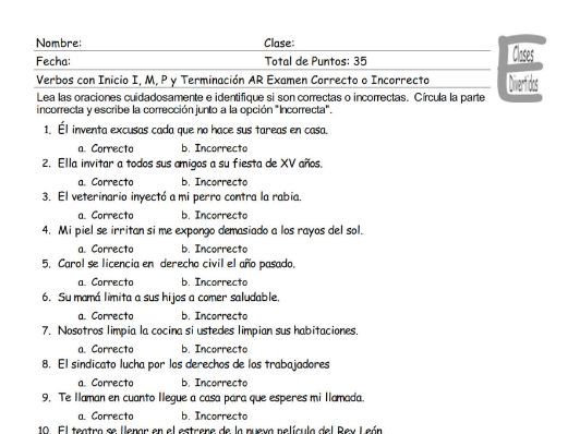 Verbs Start I, M, P End AR Spanish Correct-Incorrect Exam | Teaching ...