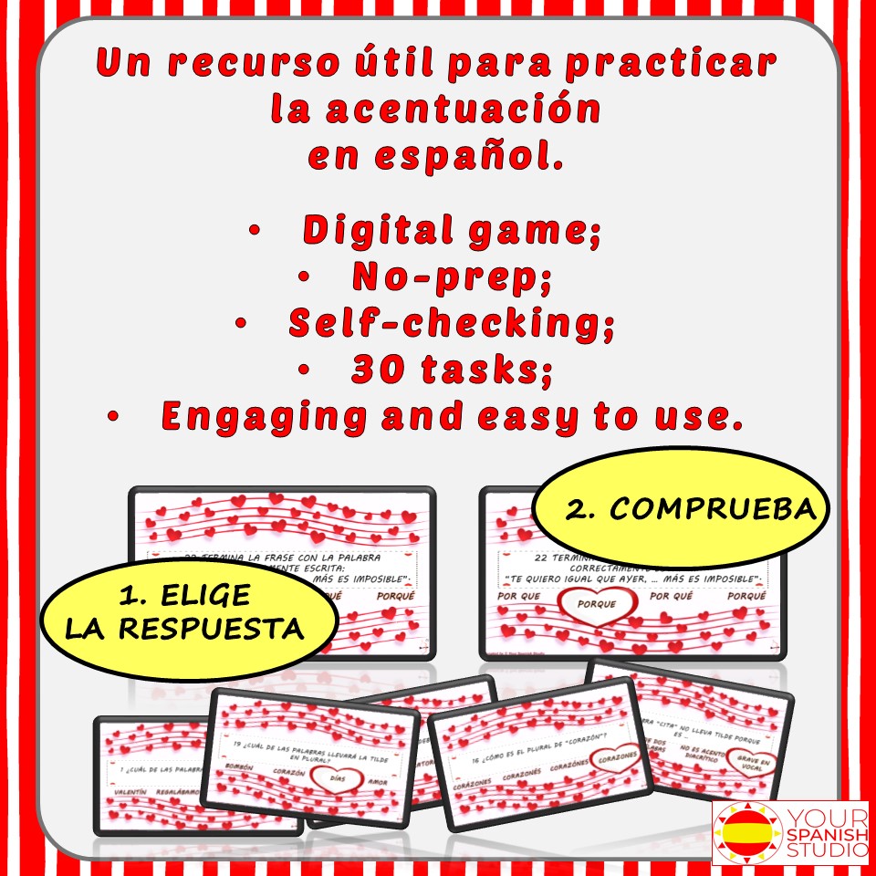 Valentine´s Day Spanish spelling no prep game La acentuación quiz ...