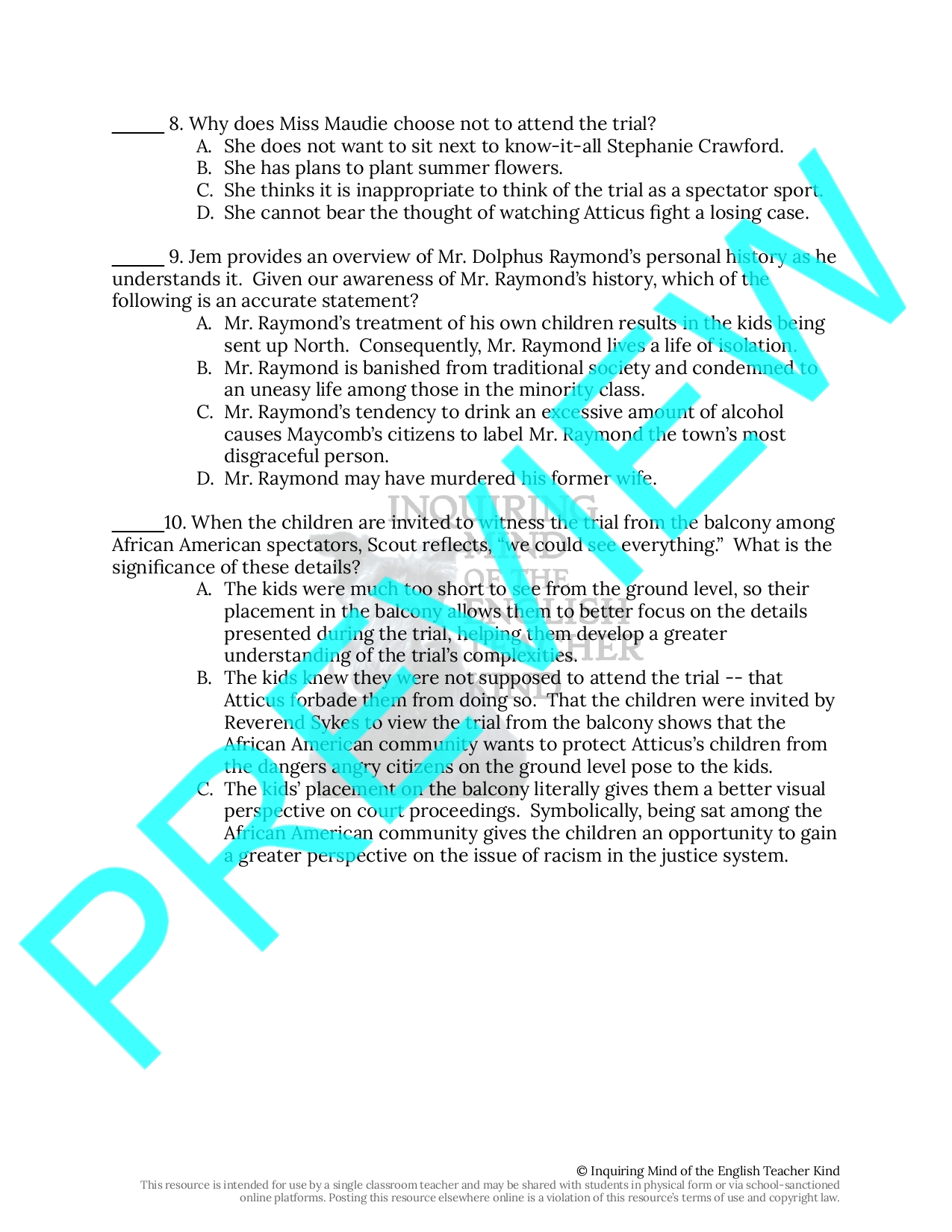 To Kill a Mockingbird Chapter 16 Close Reading Worksheet | Teaching ...