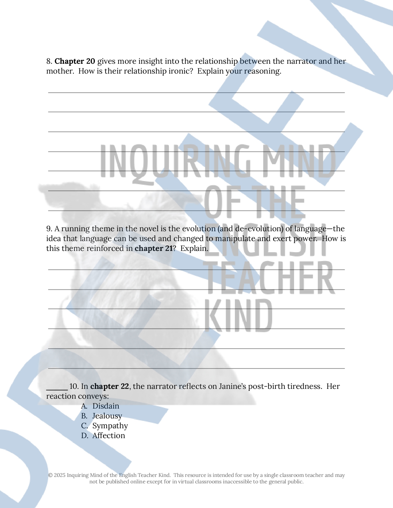 The Handmaid's Tale Chapters 18-23 Close Reading Worksheet | Teaching ...